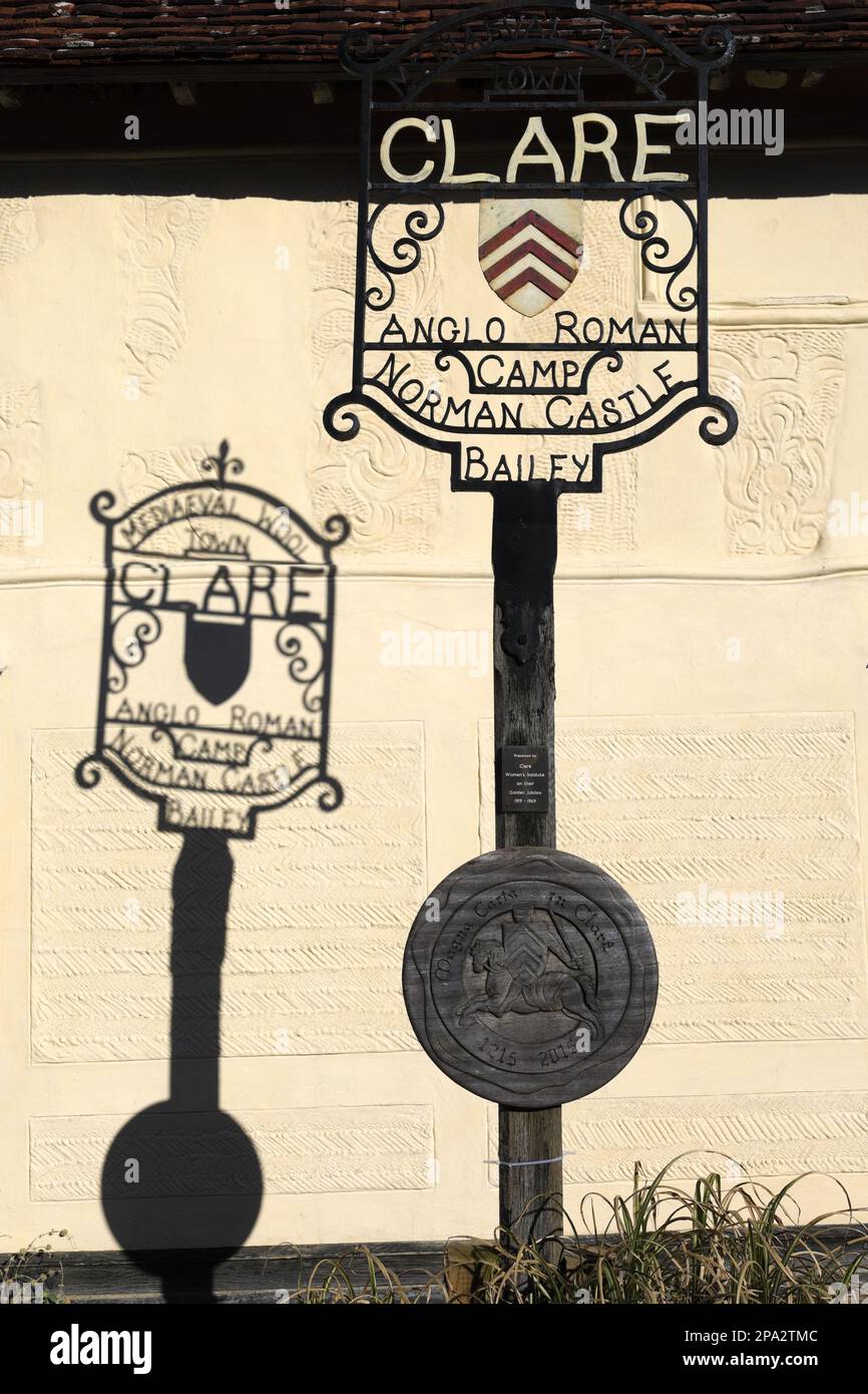 Clare village sign, Suffolk county, England, UK Stock Photo - Alamy