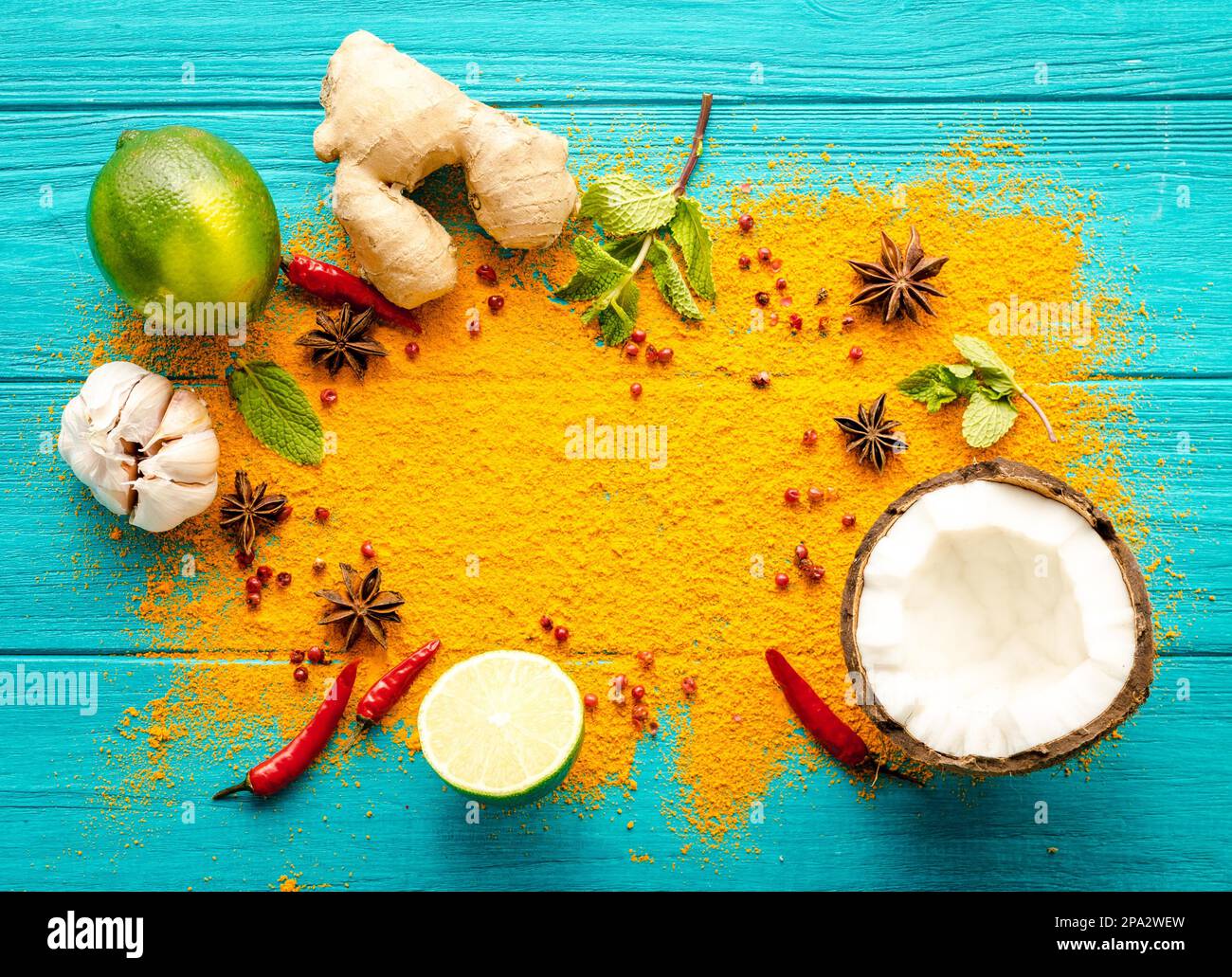 Thai food background. Ingredients for making thai food. Coconut, ginger ...