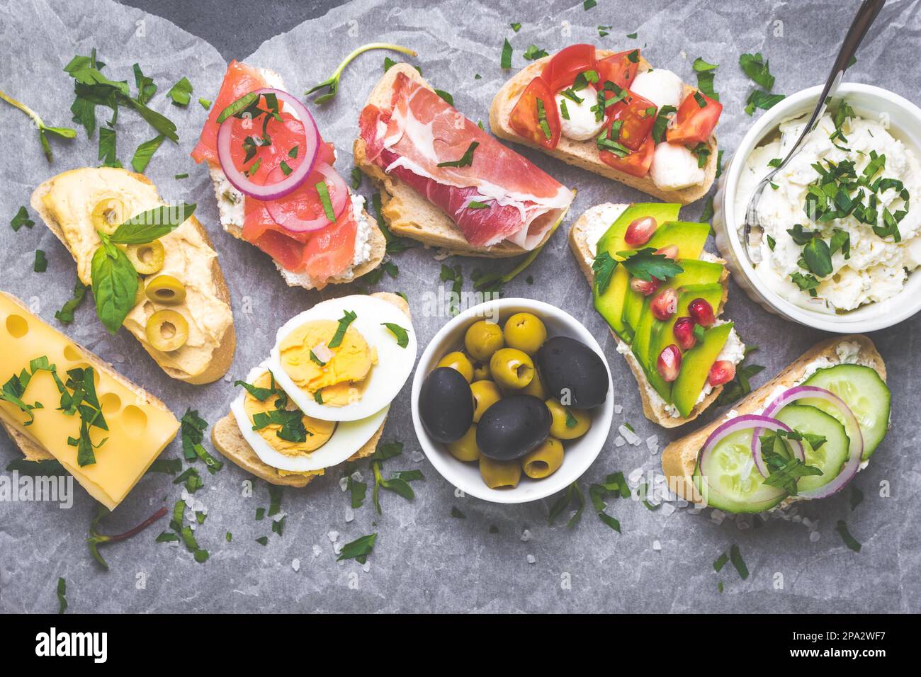 Assorted healthy sandwiches set background. Sandwich bar or buffet ...