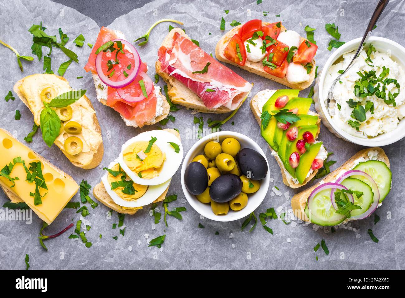 Assorted healthy sandwiches set background. Sandwich bar or buffet ...