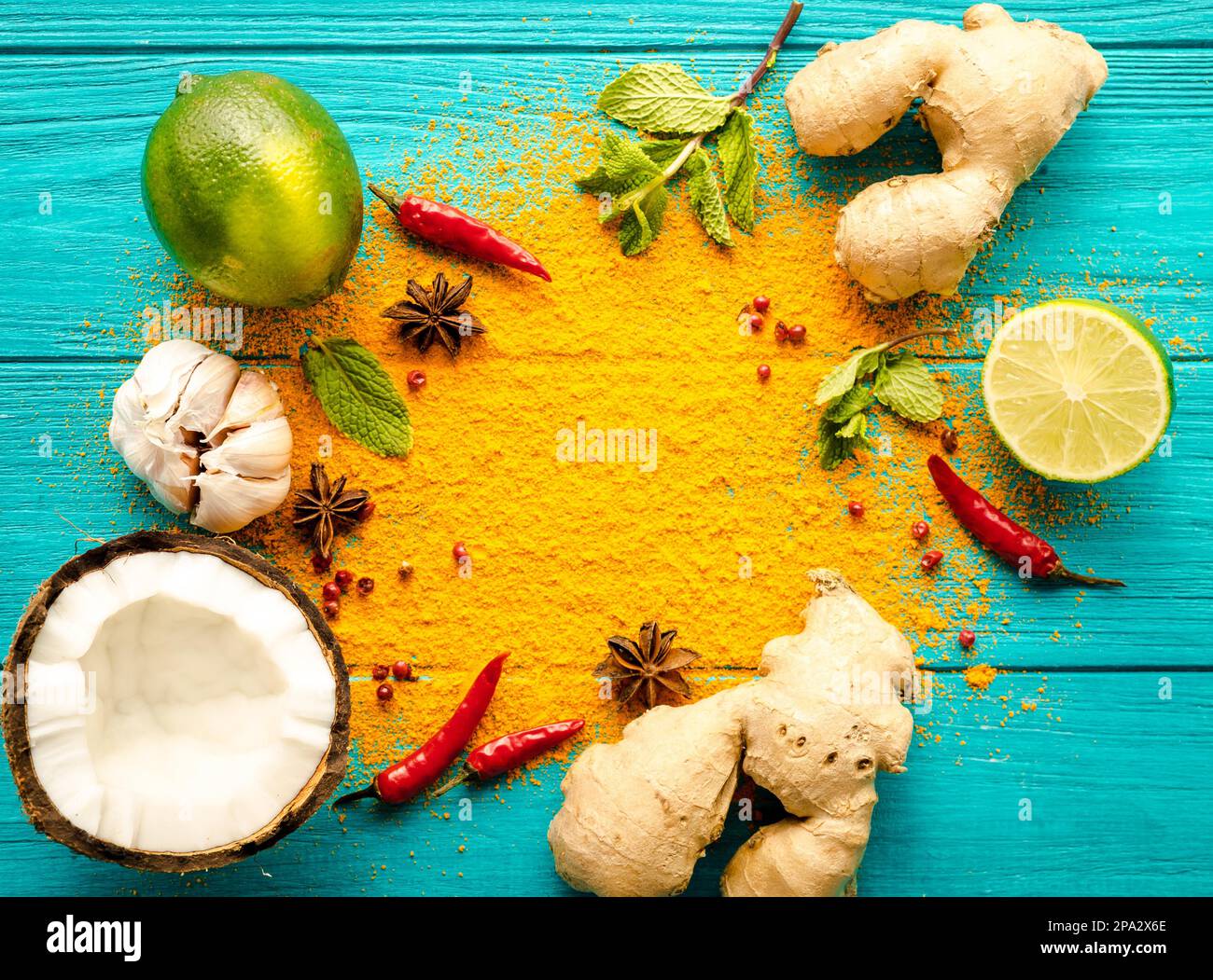 Thai food background. Ingredients for making thai food. Coconut, ginger ...