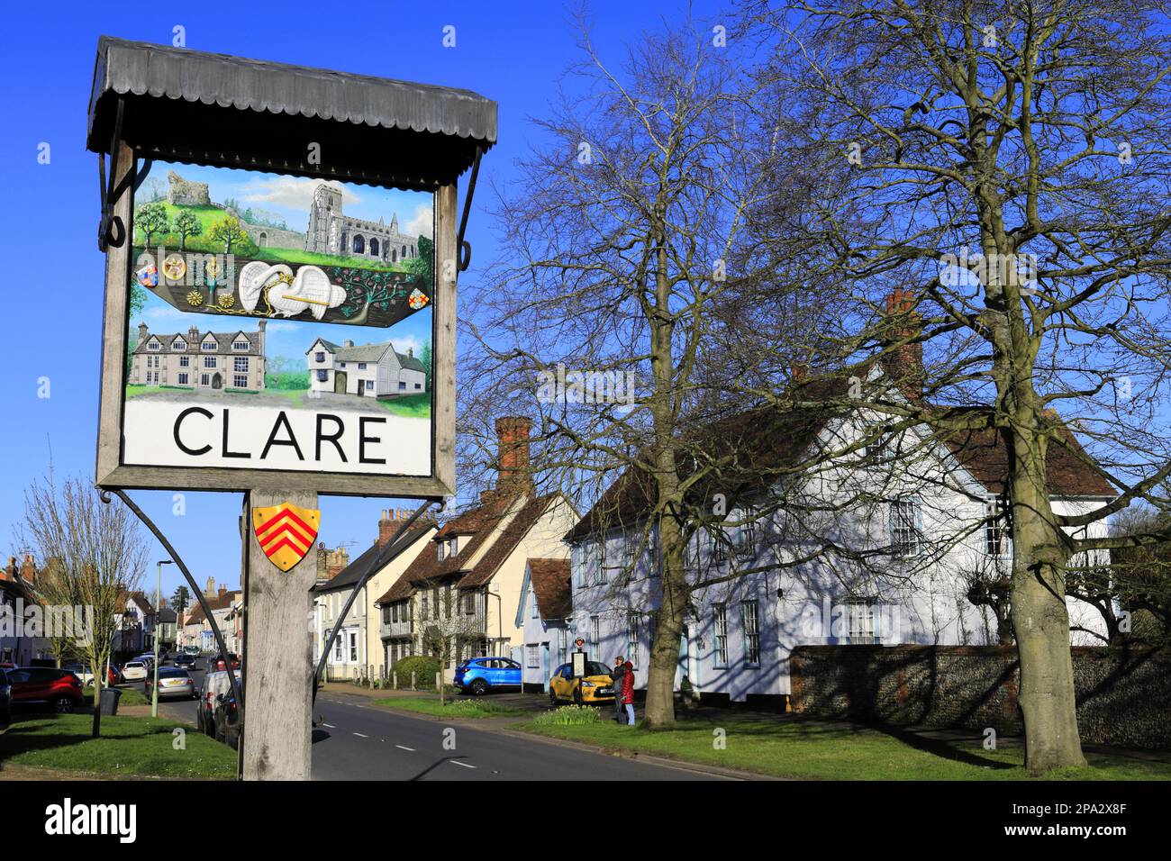 Clare village sign, Nethergate Street, Suffolk county, England, UK ...