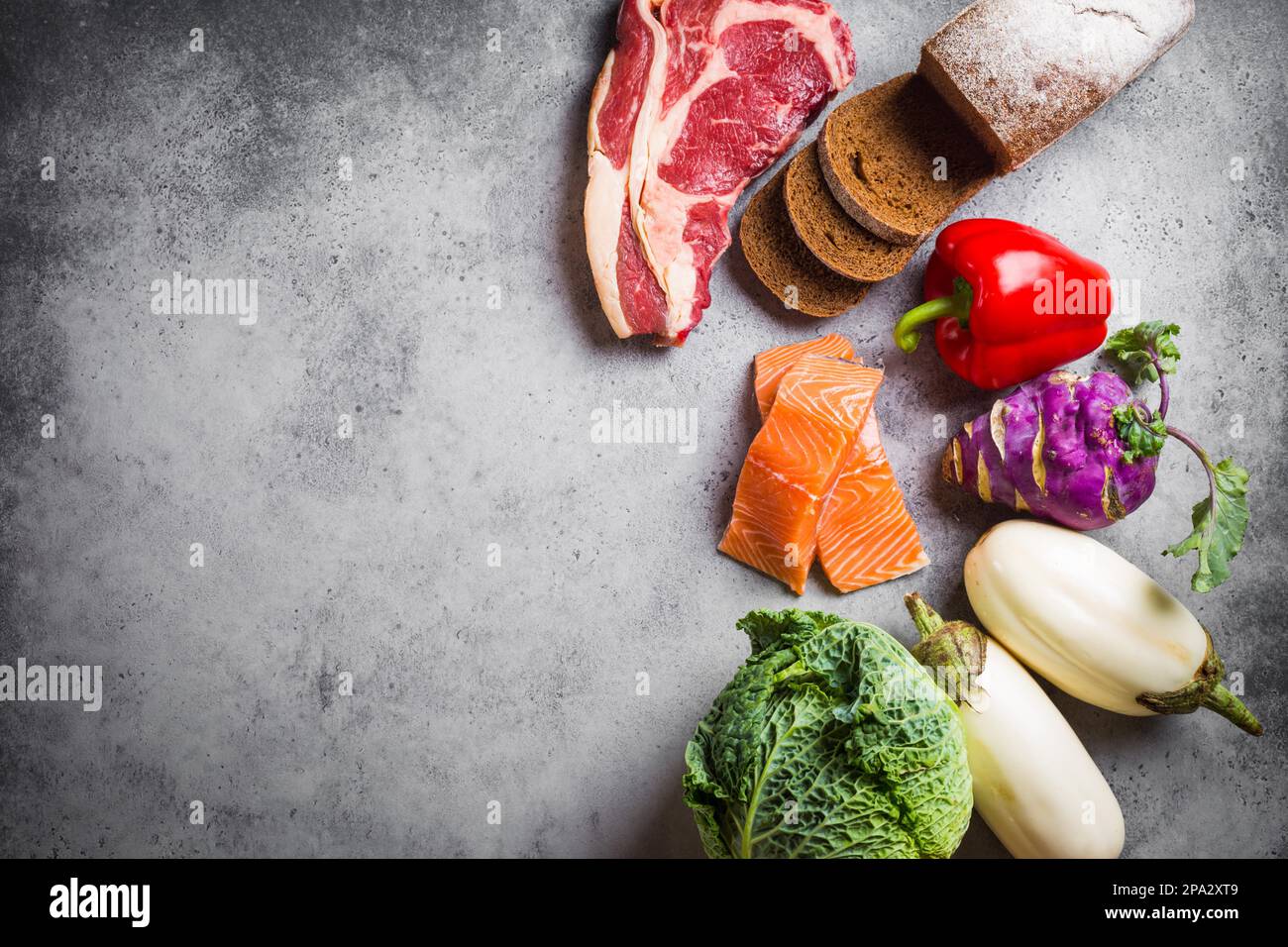 Top view of assortment of healthy balanced food: meat, fish, vegetables ...