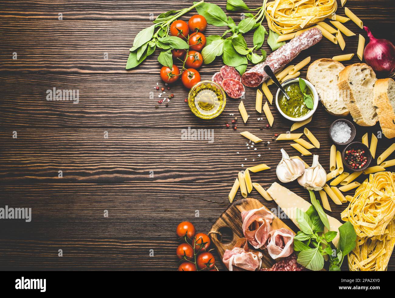 Top view of Italian traditional food, appetizers and snacks as salami ...