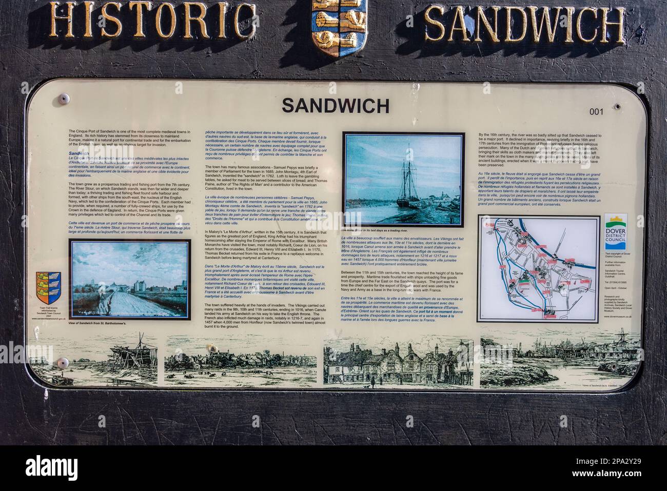 A visitors' local information board on the Historic Town of Sandwich in ...