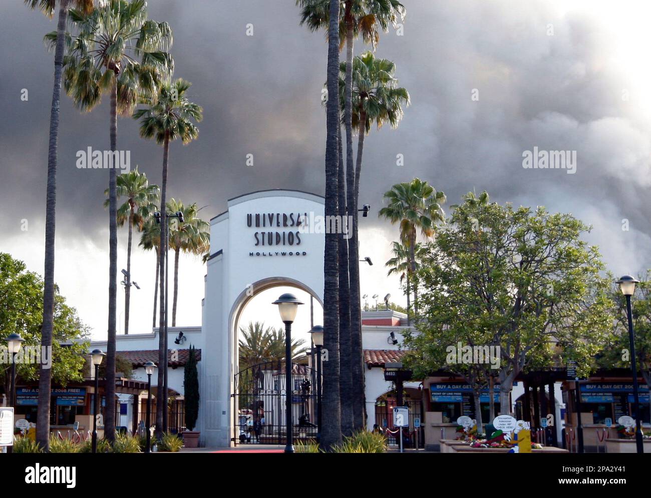 The front entrance to the Universal Studios theme park is seen as smoke ...