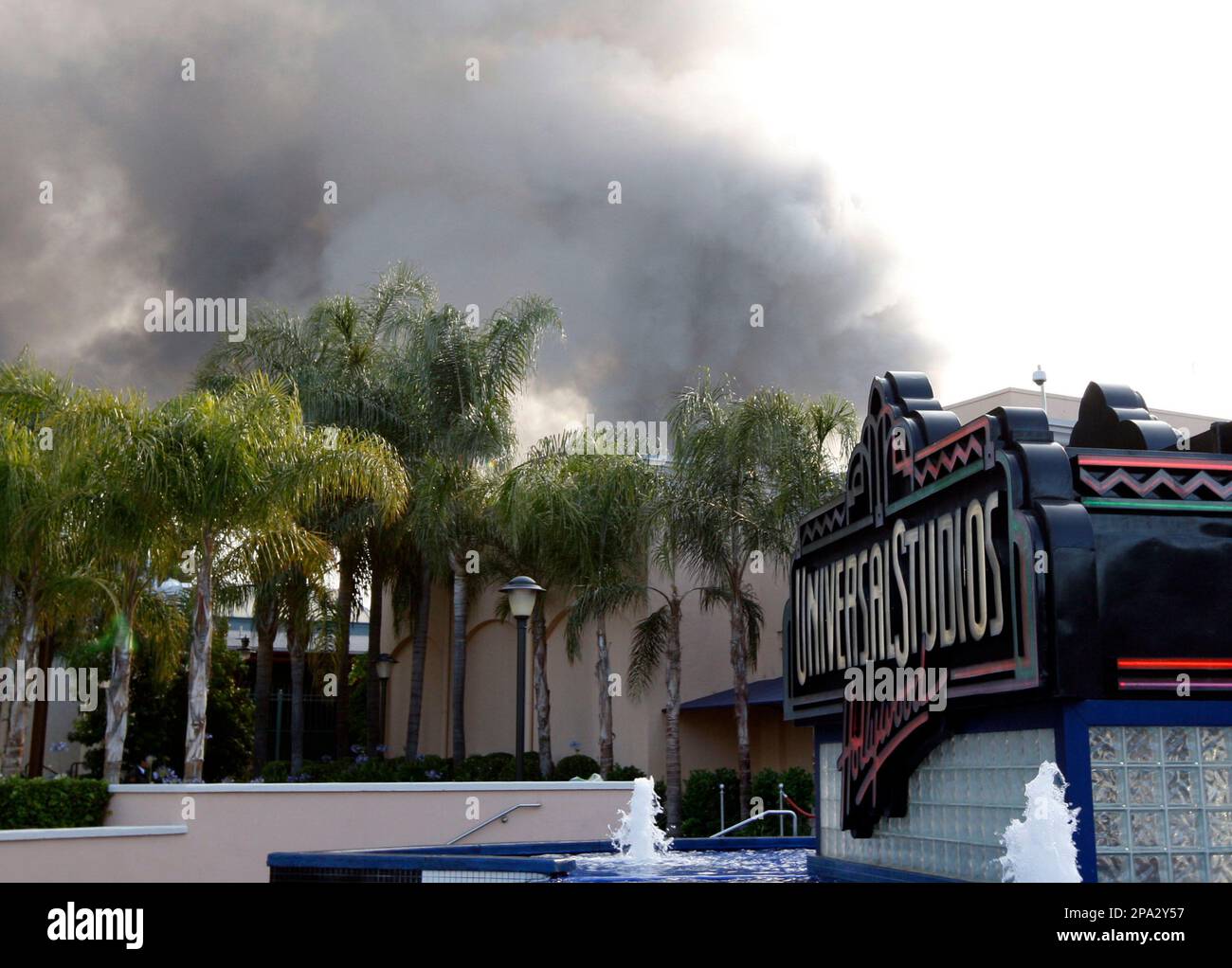 The front entrance to the Universal Studios theme park is seen as smoke ...