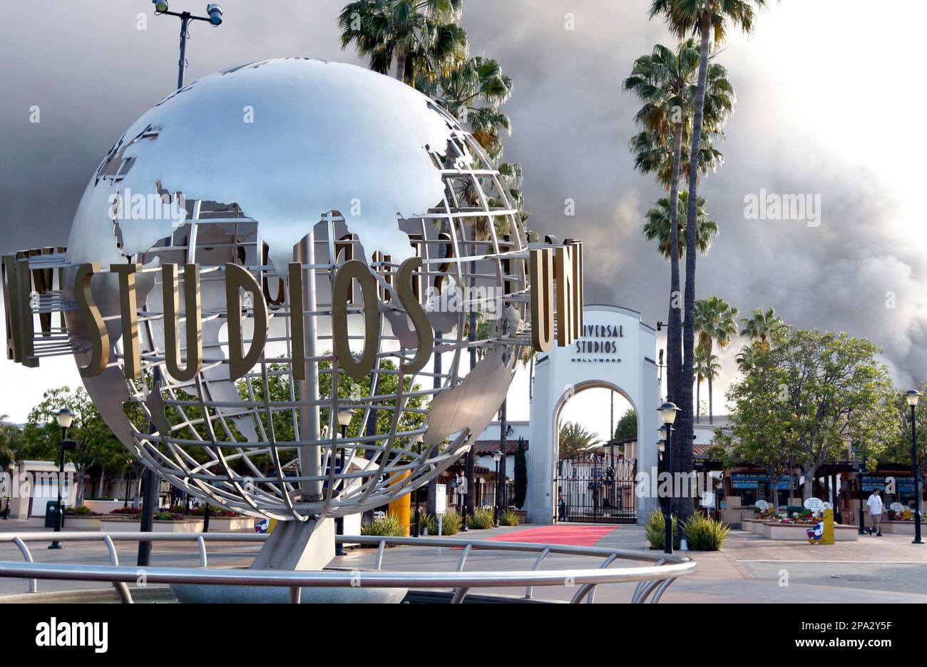 The front entrance to the Universal Studios theme park is seen as smoke ...