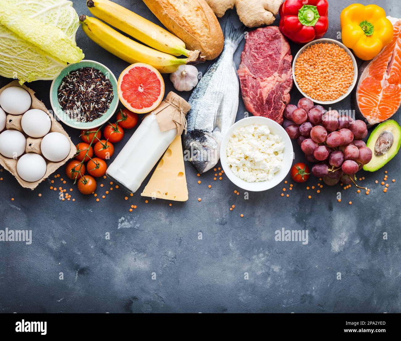 Healthy nutrition concept. Balanced healthy diet food background. Meat ...