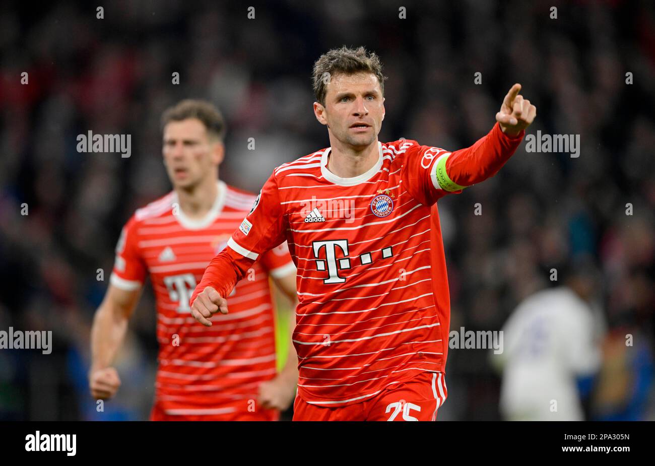 Goal celebration Thomas Mueller FC Bayern Munich FCB (25), behind Leon ...