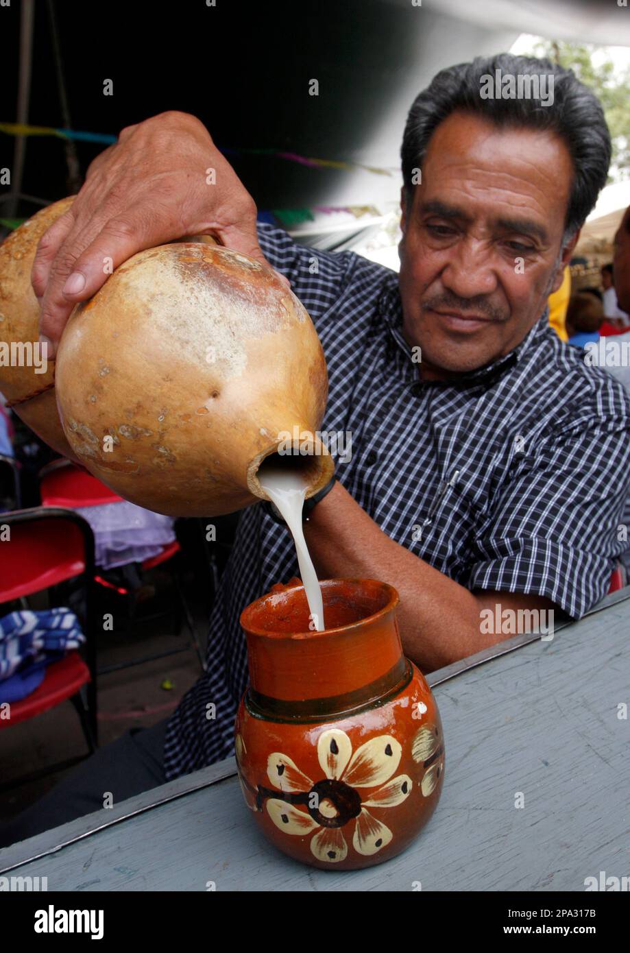 Jorge Martinez pours Pulque into a clay pot during the Pulque festival ...