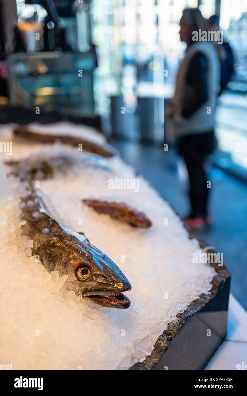 Whole fish displayed on a counter filled with ice and ready for sale ...