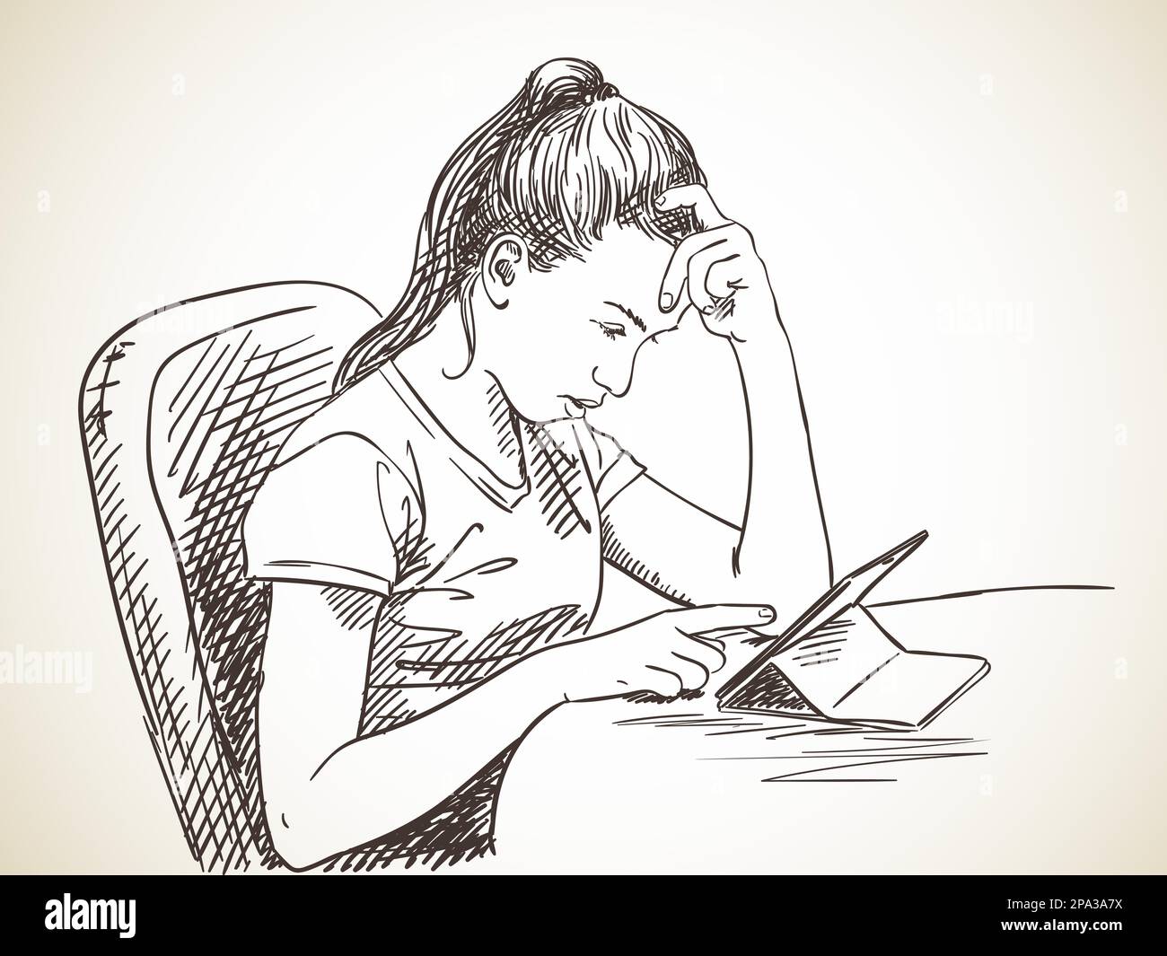 Girl focused on using tablet, Vector sketch, Hand drawn illustration ...