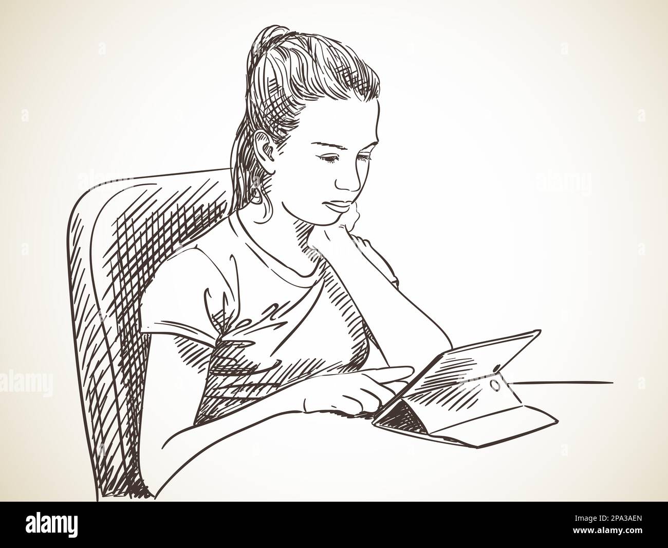 Girl focused on using tablet, Vector sketch, Hand drawn illustration ...