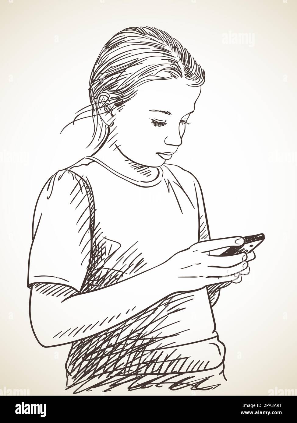 Sketch of girl using smart phone, Hand drawn vector illustration Stock ...