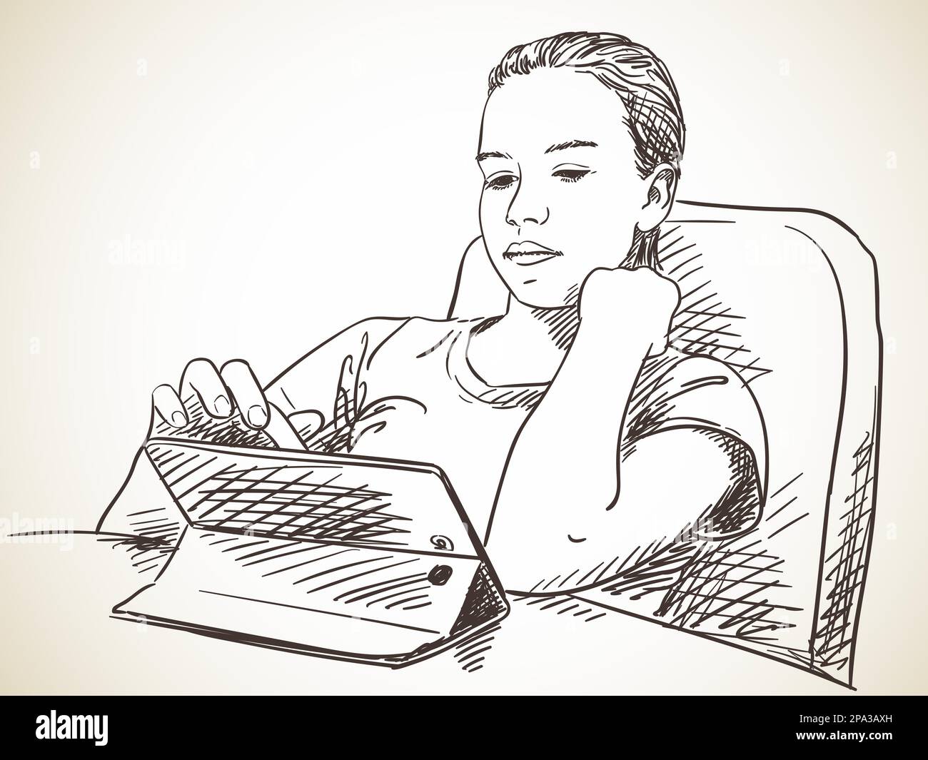 Girl Focused On Using Tablet Vector Sketch Hand Drawn Illustration