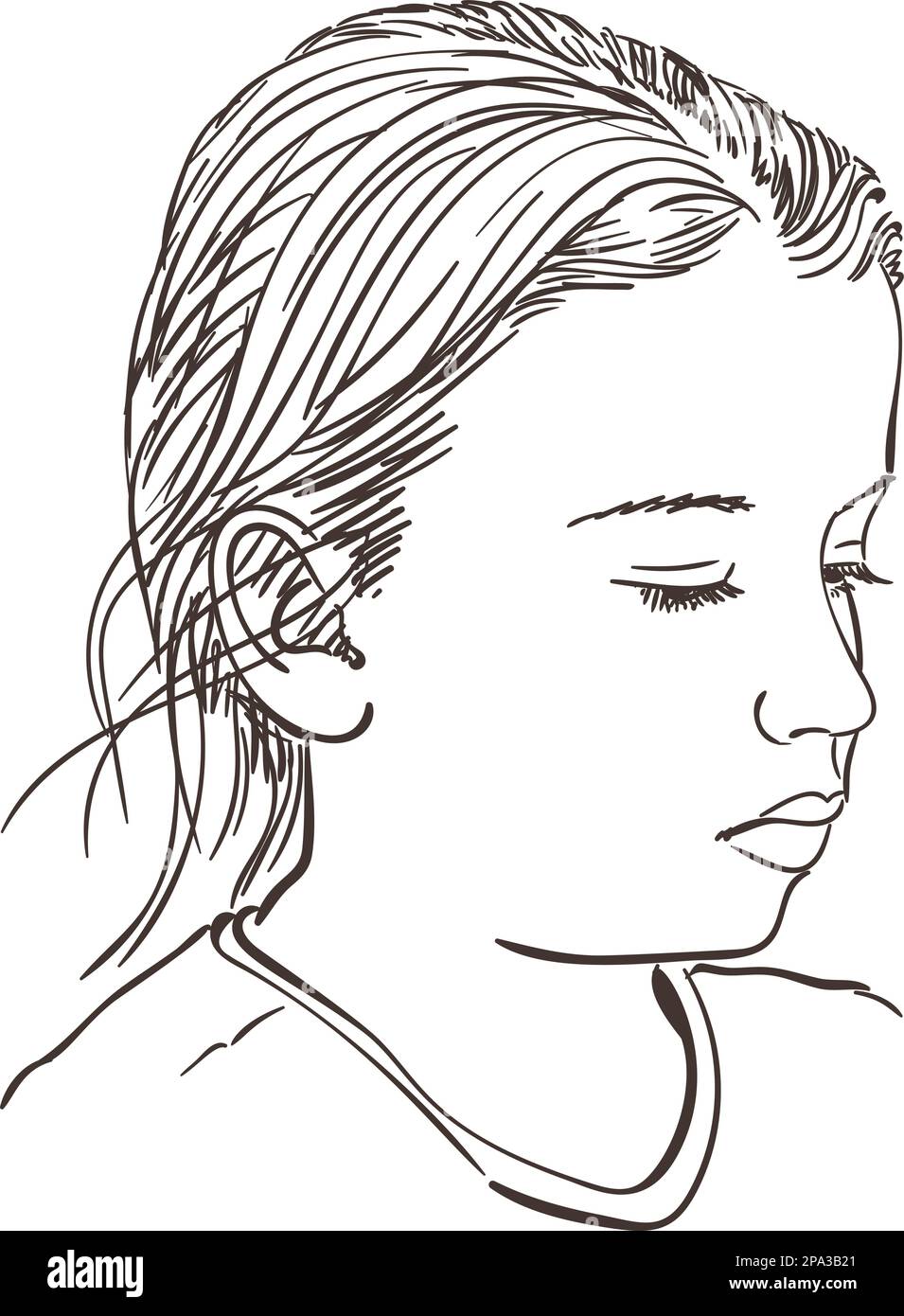 Head of beautiful young girl with downcast eyes, Vector sketch Hand ...