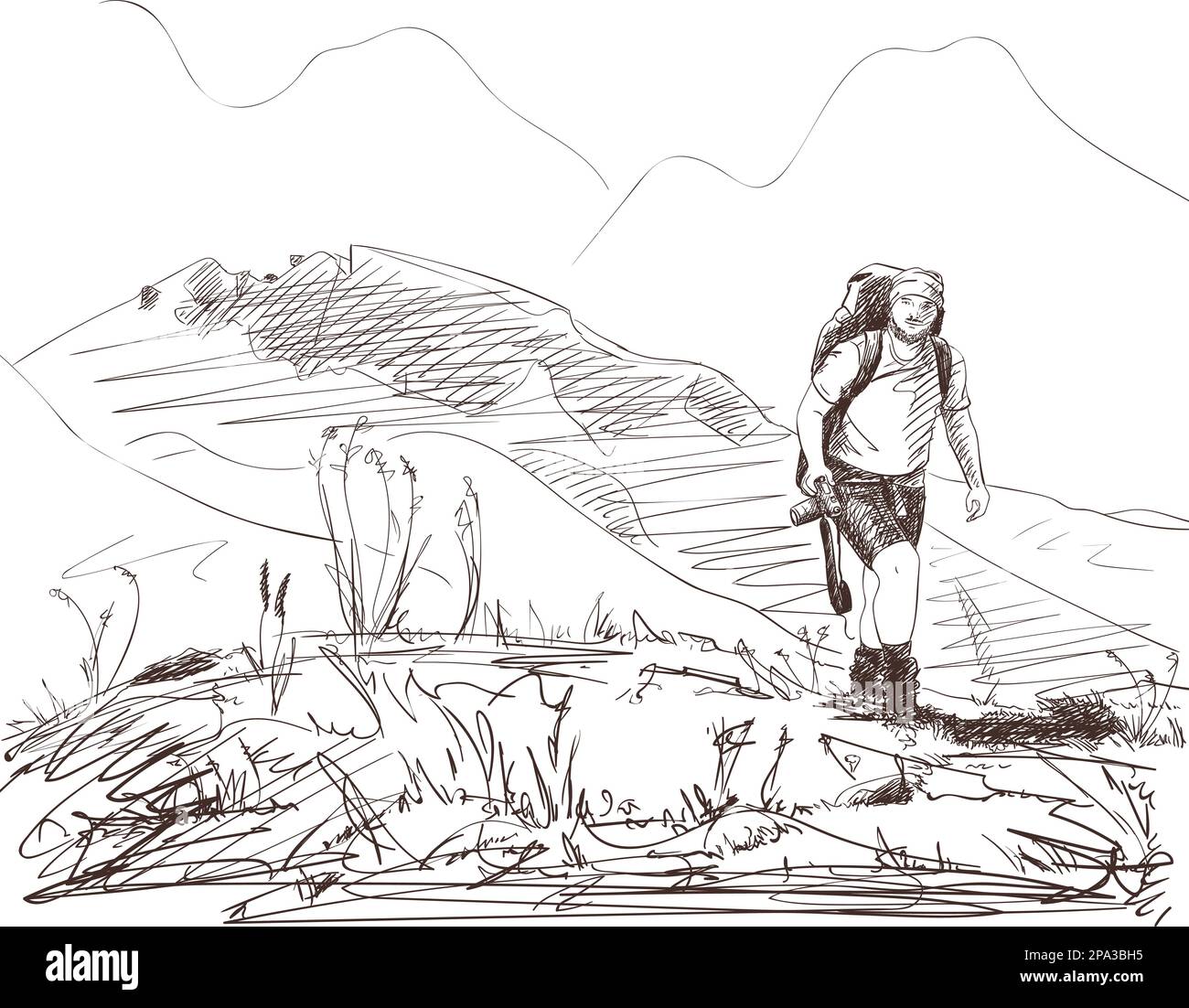 Vector sketch of trekking man with big backpack holding photo camera in ...