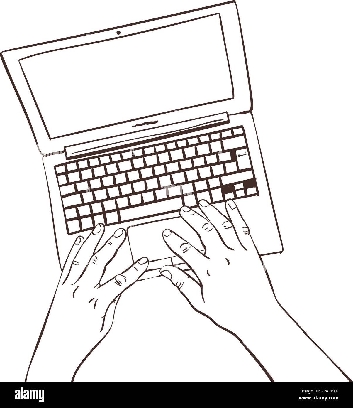 Vector sketch of hands working at laptop top view isolated, Line art ...