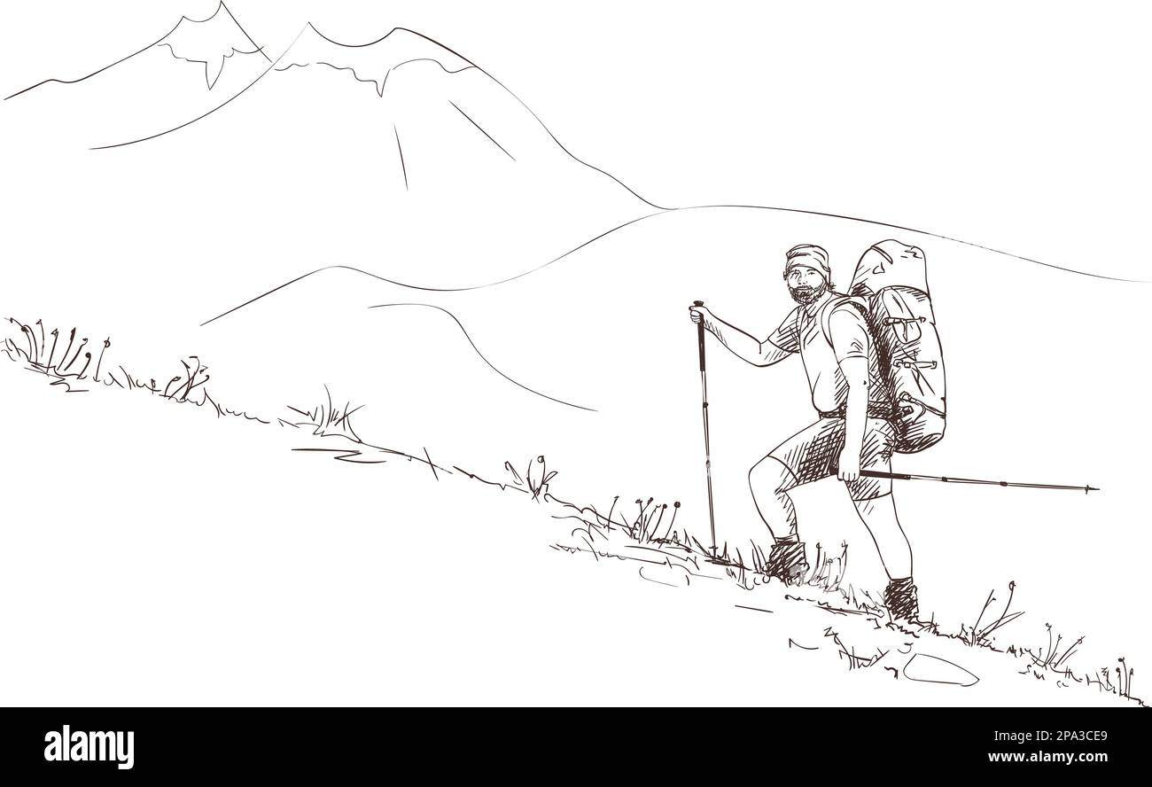 Sketch of man trekking with big backpack in wild heading uphill to ...