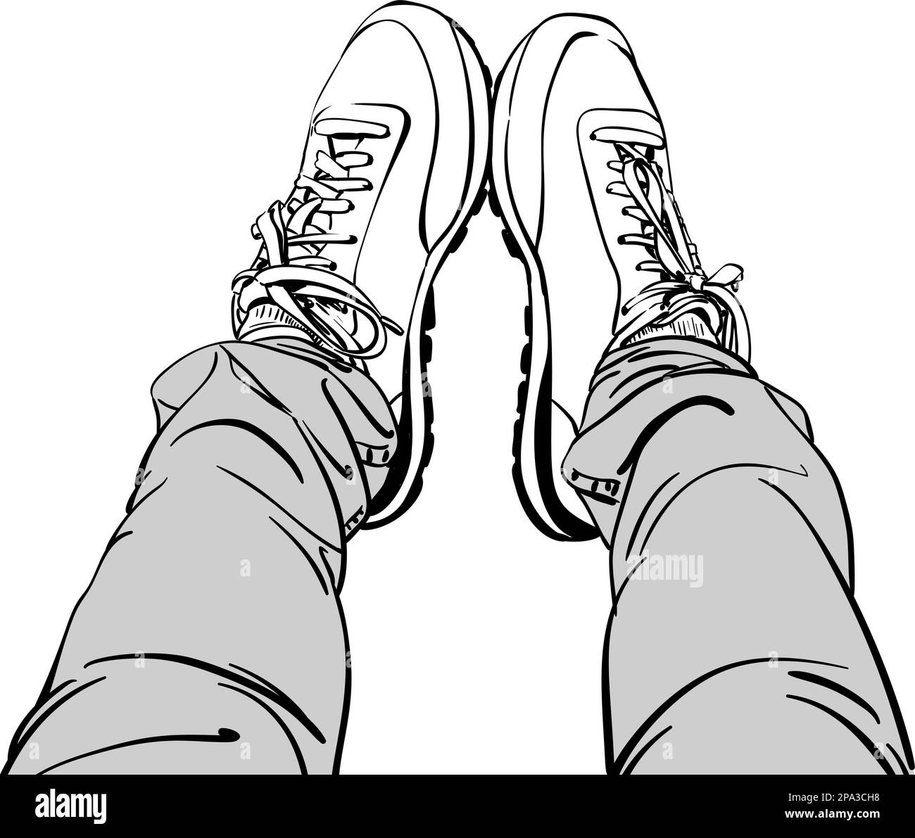 Sketch of selfie of feet in sneaker shoes and tight jeans, Top view ...