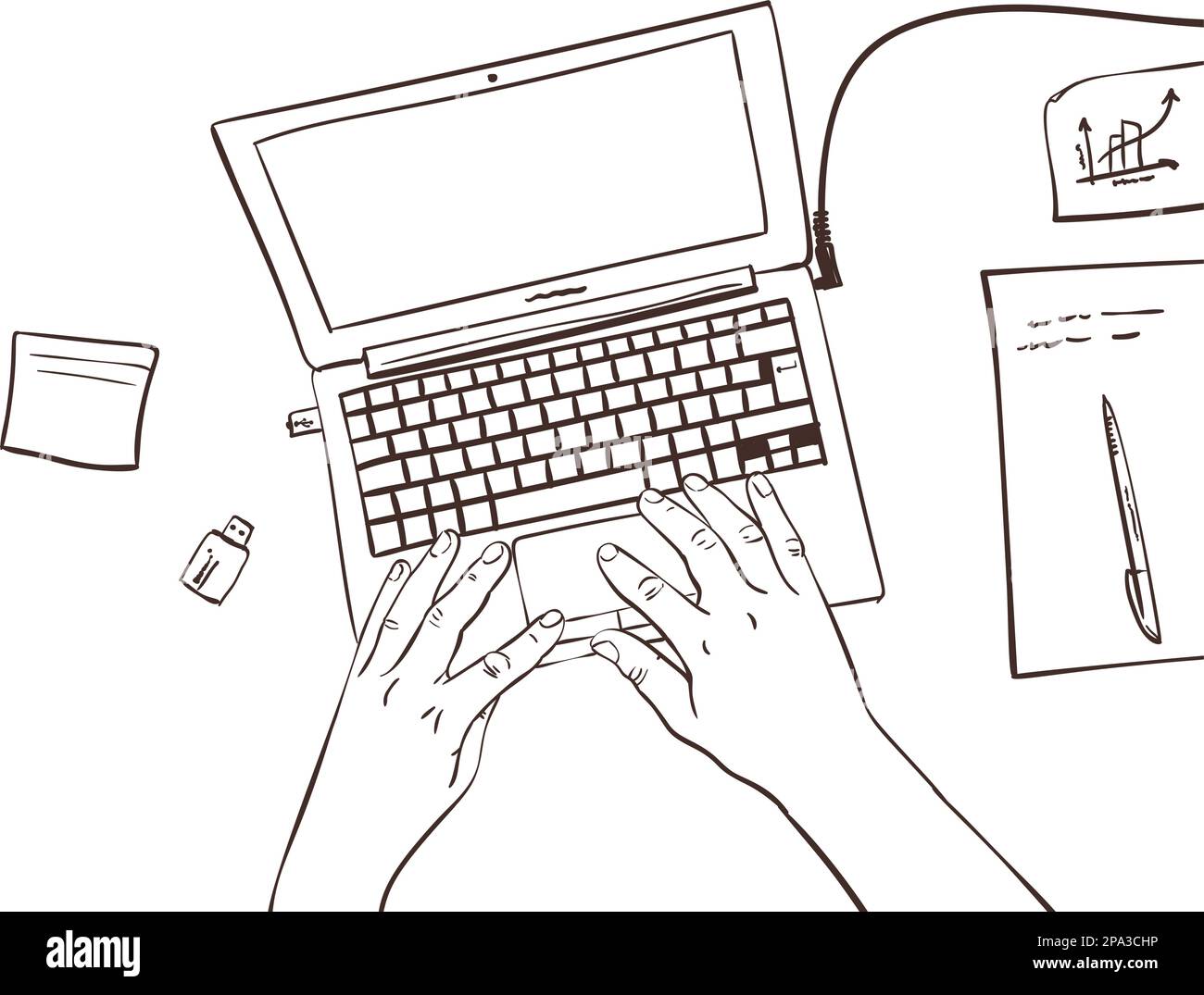 Vector sketch of working place with hands with laptop and documents ...