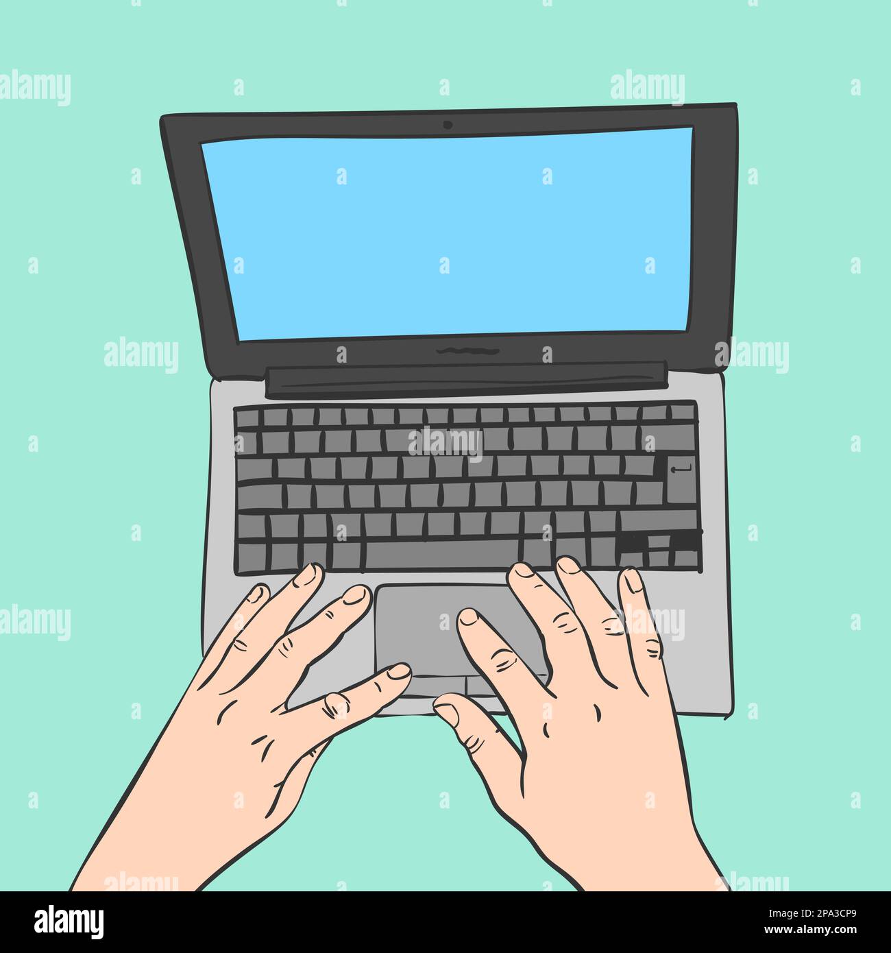 Vector colored sketch of hands working at laptop top view isolated ...