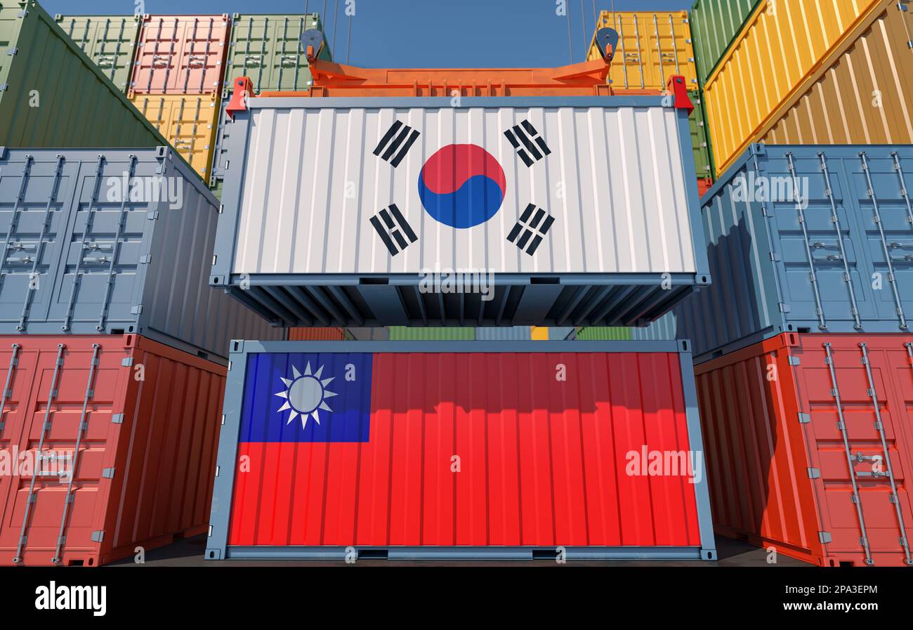 Cargo containers with Taiwan and South Korea national flags. 3D ...