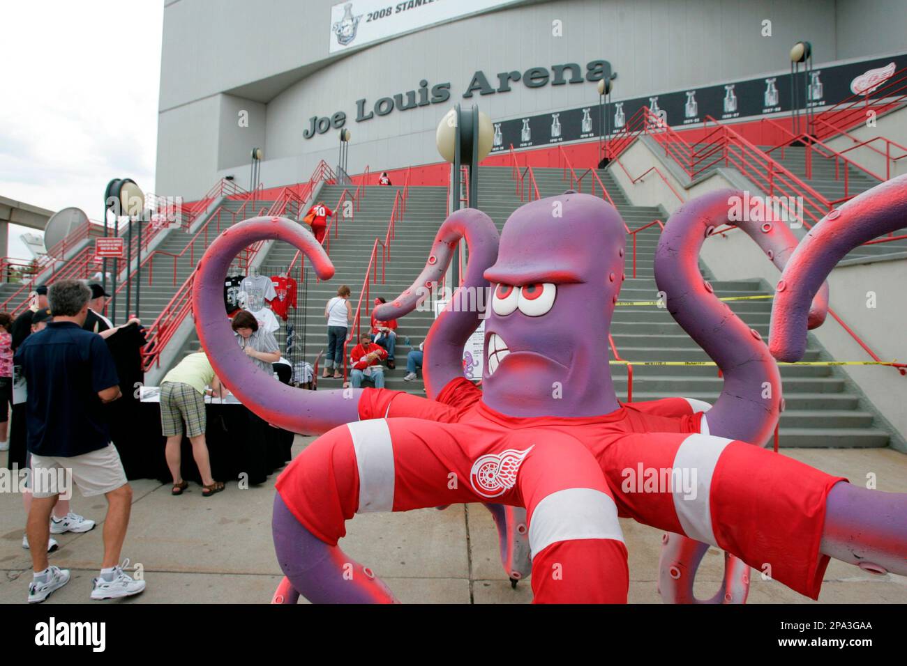 An octopus in Detroit Red Wings colors is seen outside the Joe Louis ...