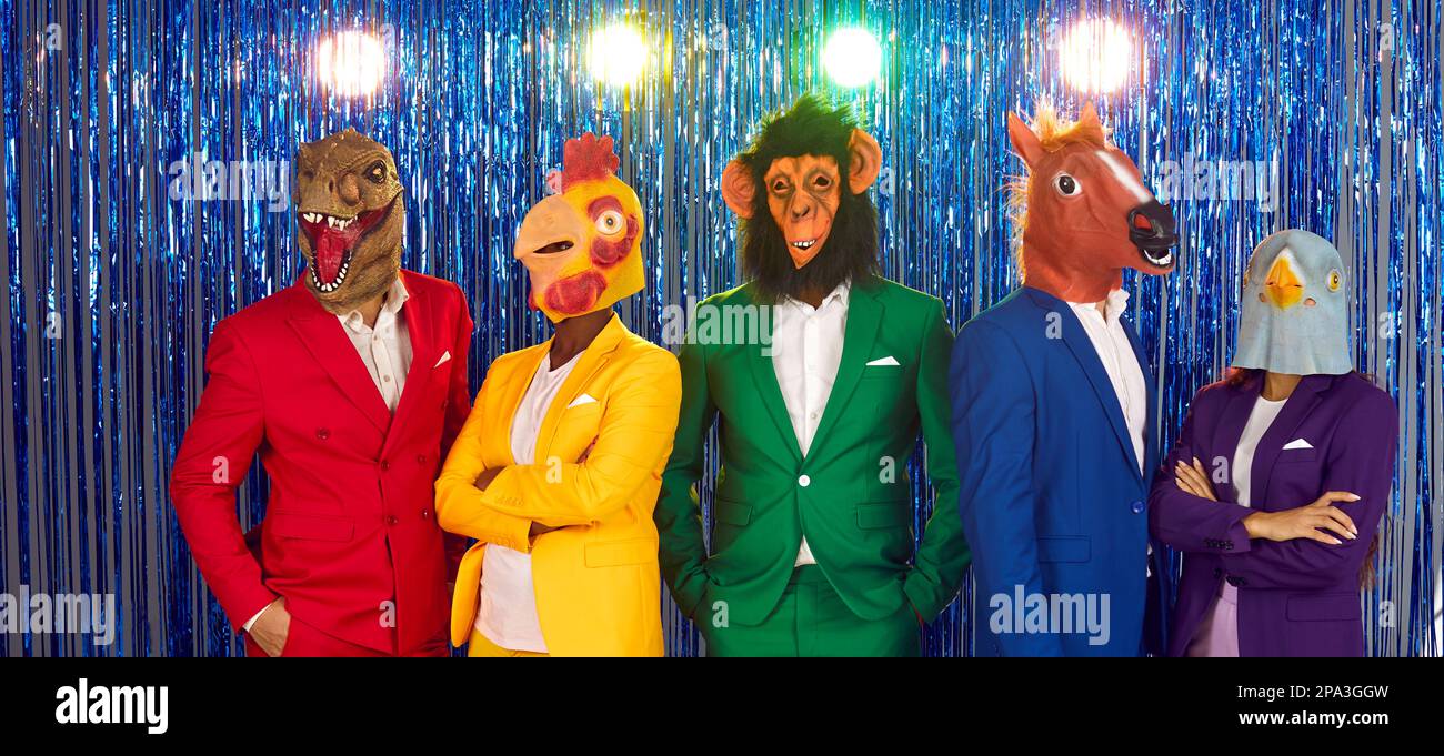 Cool people with heads of different animals posing on shiny background ...