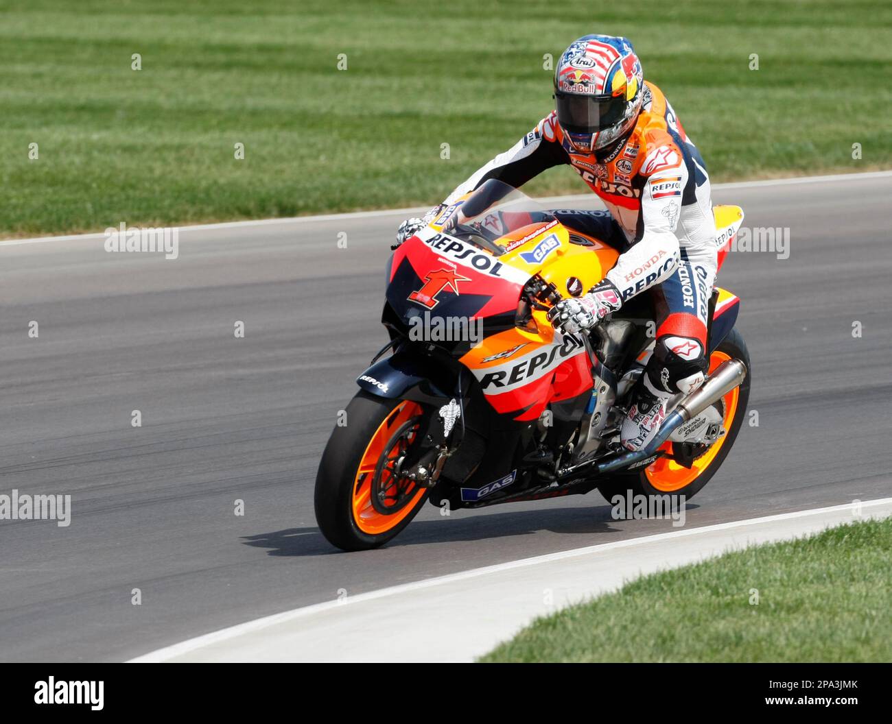 Nicky Haden makes a demonstration run on a motorcycle on the infield ...