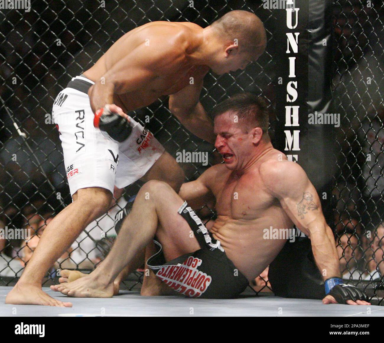 Sean Sherk is knocked down by BJ Penn in the third round of their UFC ...