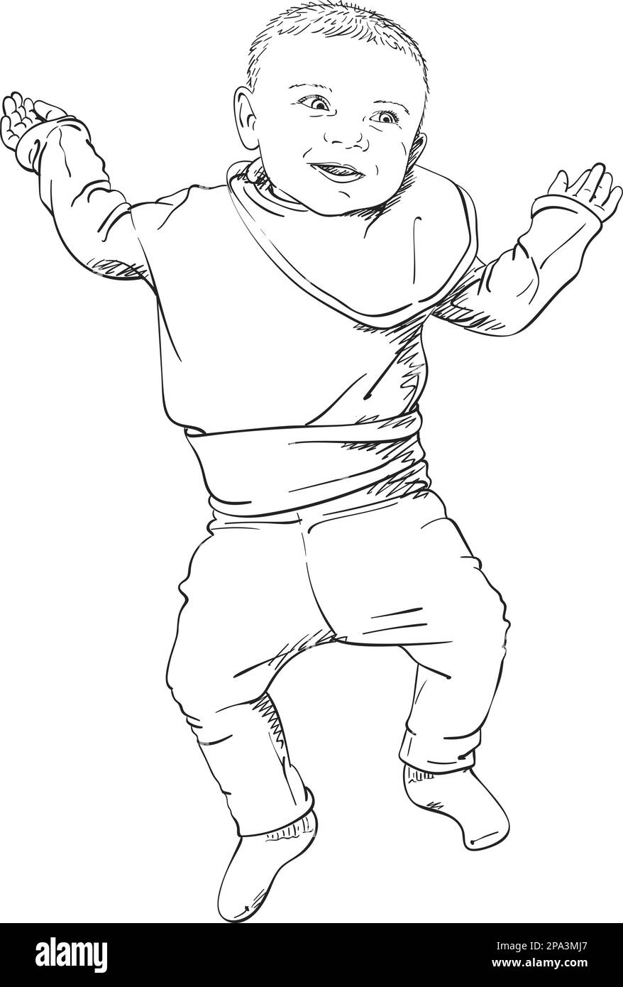 Sketch of happy smiling baby lies on back with hands up, Hand drawn ...