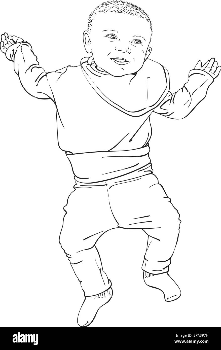 Line art sketch of happy smiling baby lies on back with hands up, Hand ...