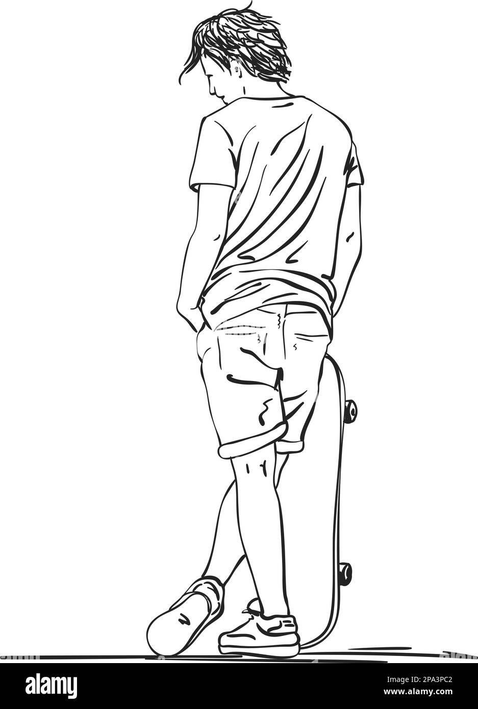 Sketch of skateboarder stands and holds skateboard with other hand in ...