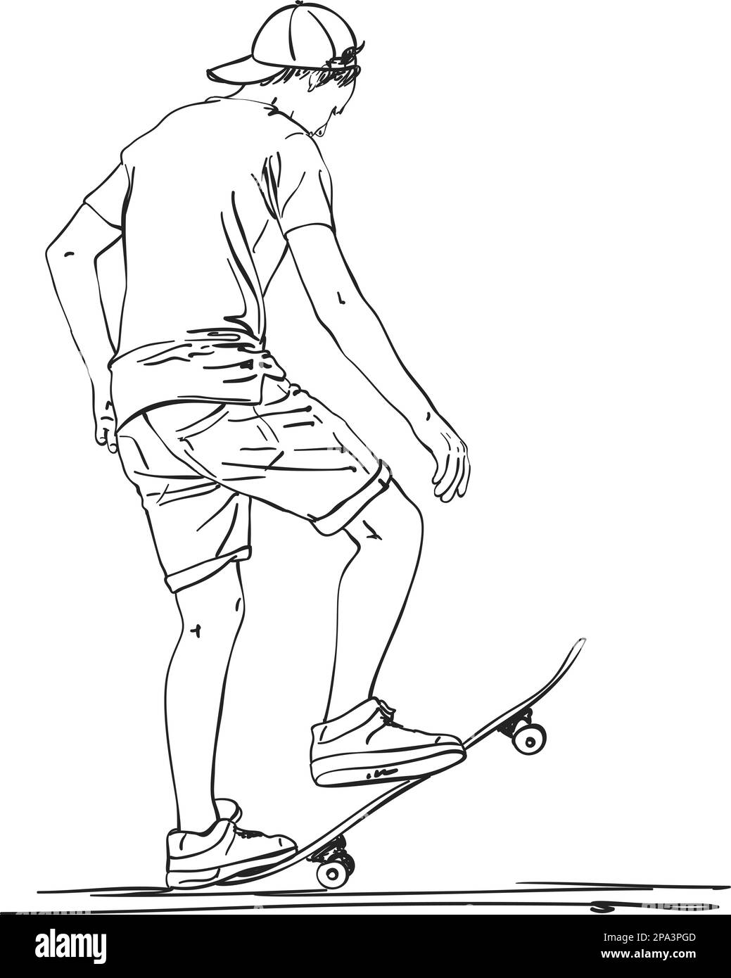 Sketch of skateboarder in cap, T-shirt and shorts riding on skateboard ...