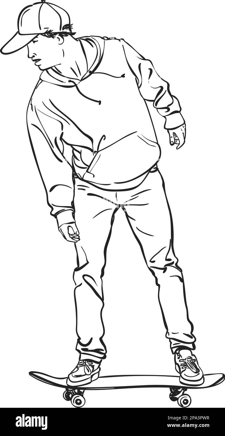 Sketch of skateboarder in cap, hoodie and jeans riding on skateboard ...