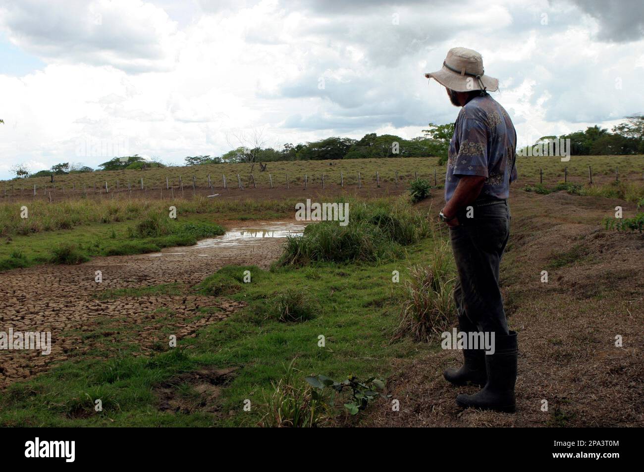 Mario Marenco looks at a dried out watering hole in scorched pastures ...