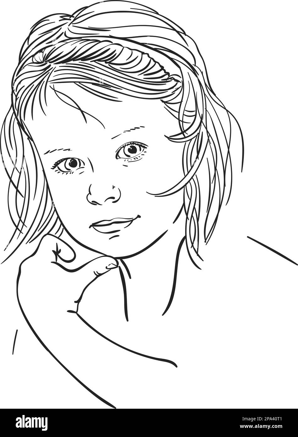 Hand drawn cute girl face in pensive pose with thumb touching chin ...