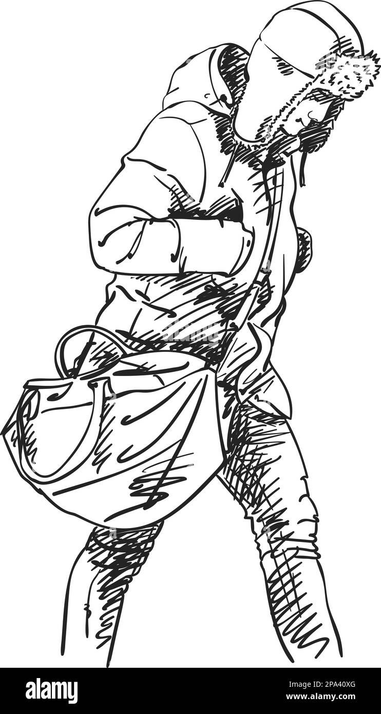 Sketch of walking Man with big bag in winter clothes and hat with ear ...