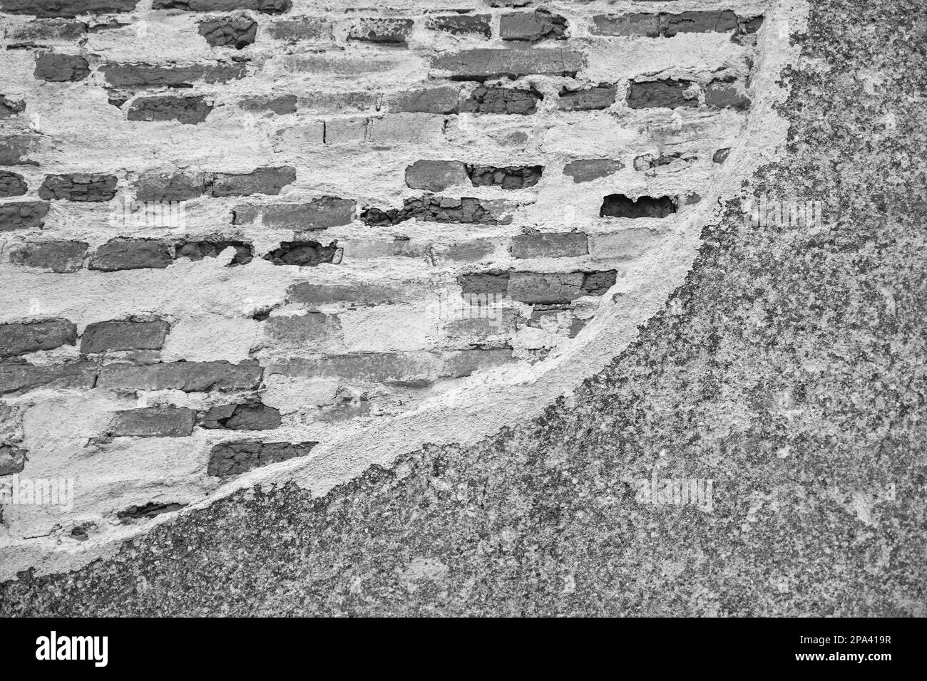 Texture of old brick wall with collapsed plaster. Background of shabby ...