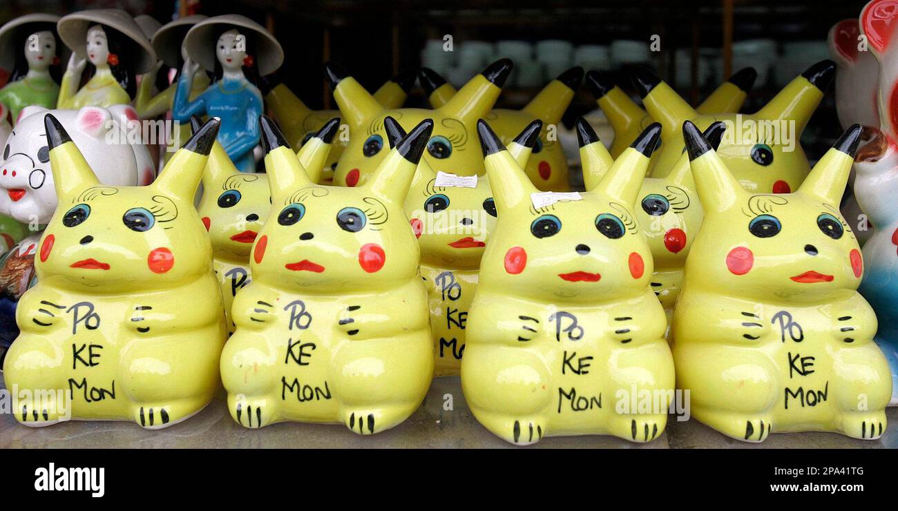 Ceramic dolls of Pikachu, a character from Japanese animation, "Pokemon ...