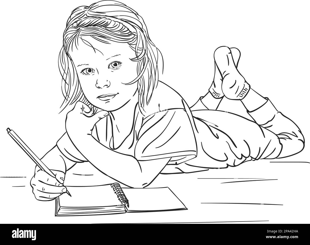 Child girl writing in note book while lying on floor, Vector sketch ...