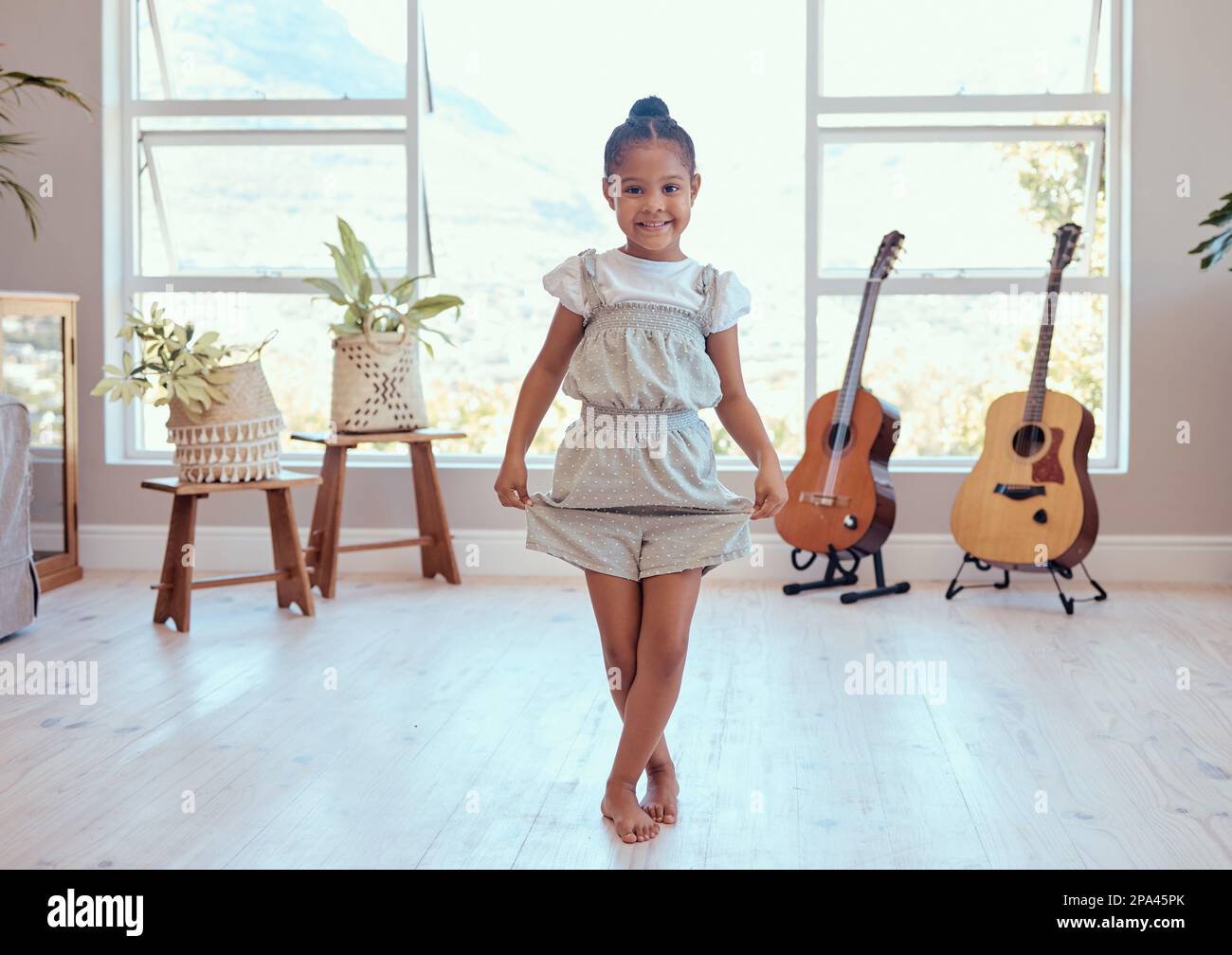 Girl, dance and ballet in home portrait for training, lesson or class ...