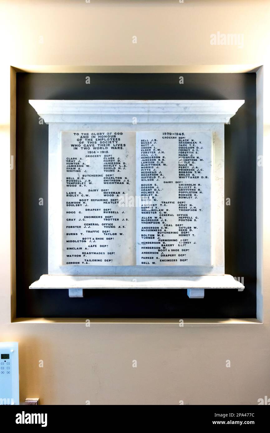 wartime plaque memorial to employees in stairwell of art deco interior ...