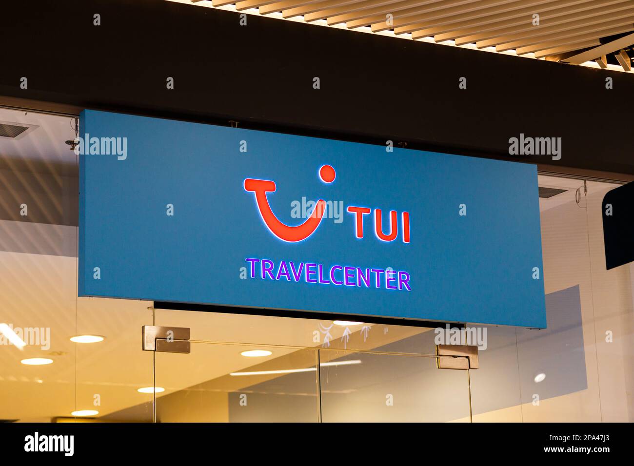 Sibiu, Romania - May, 2 2022: TUI travel center sign ang logo on their ...