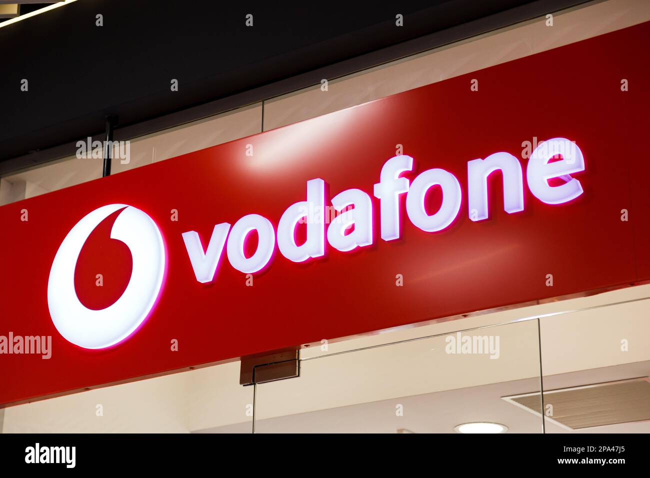Sibiu, Romania - May, 2 2022: Vodafone logo signboard at store front in ...