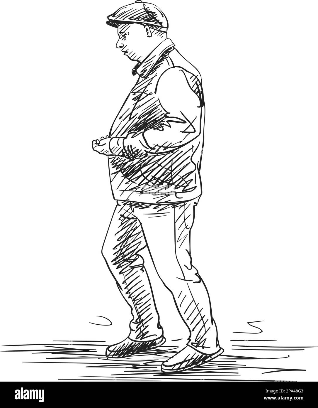 Sketch of walking fat man in cap isolated on white background, Vector ...