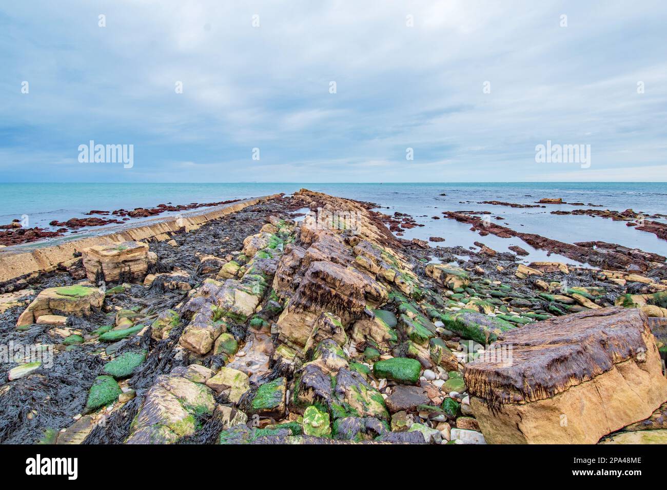 A low angle view showing the walkway path and moss covered rocks at ...