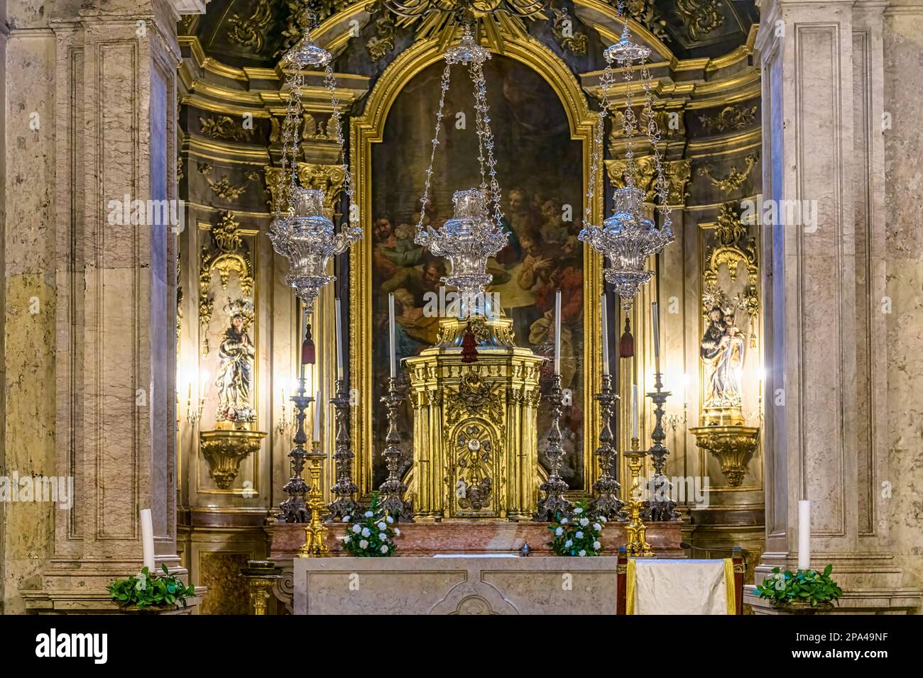 Lisbon Cathedral. Three censers in the altar. Architectural features of ...